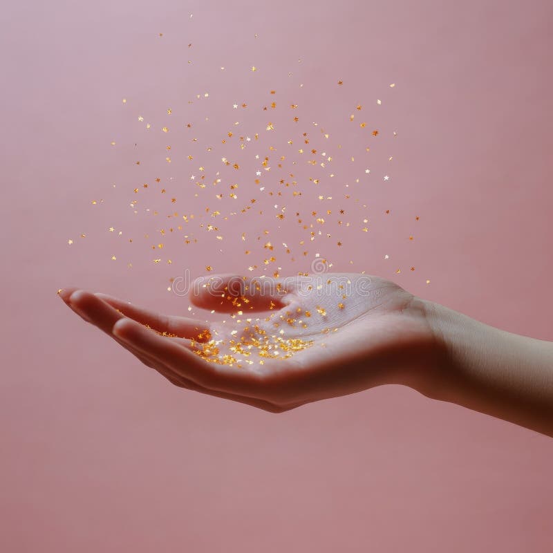 Sparkling Hand Releasing Golden Particles Against a Soft Pink ...