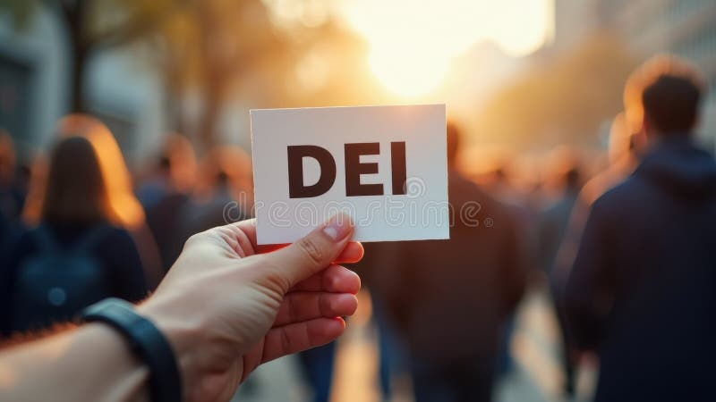 Hand Holds DEI Sign with a Blurred Crowd Behind, Warm Sunlight Creating ...