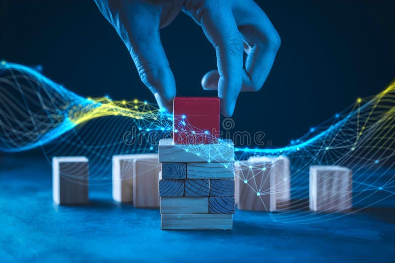 Hand Extracts Red Block from Stack, Digital Lines Add Futuristic ...