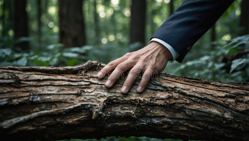 Hand on Fallen Tree Stem in a Green Forest Environment Stock ...