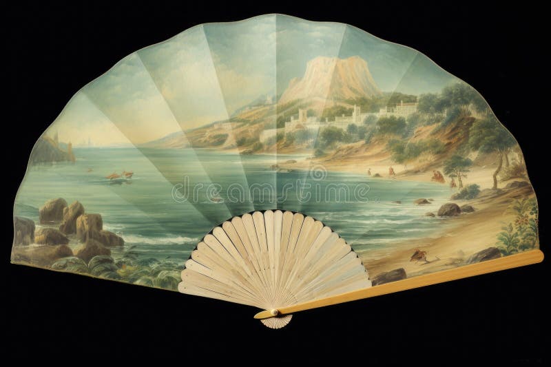 A Hand Fan with a Beach Scene Painted on it, Placed by the Sea Stock ...