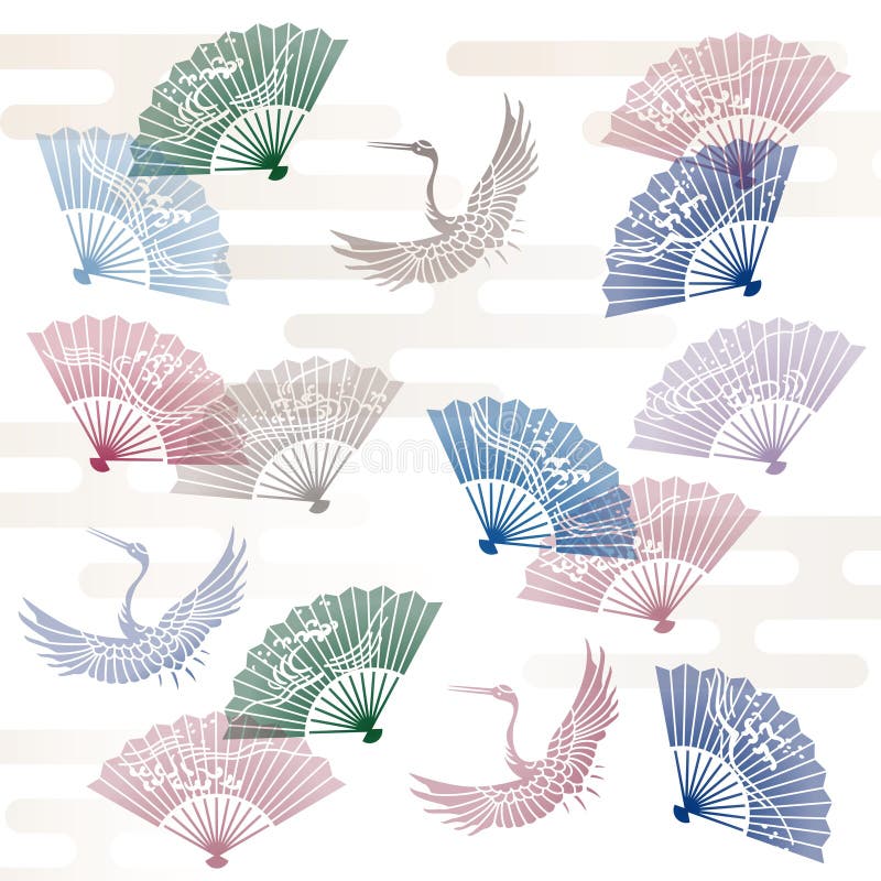 Hand Fan and Crane Japanese Traditional Pattern Stock Illustration ...
