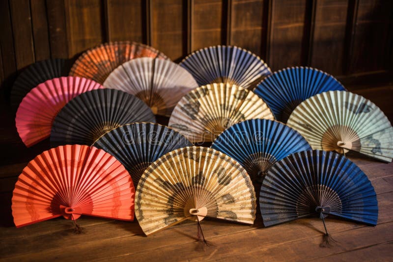 Hand Fans Arranged in a Circle on a Rustic Wooden Table Stock ...