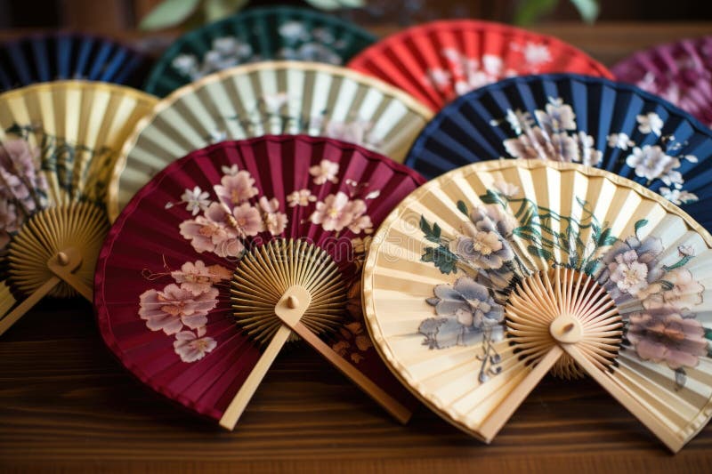 Hand Fans with Floral Designs Spread Open on a Bamboo Mat Stock Photo ...