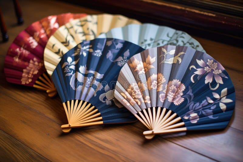 Hand Fans with Floral Designs Spread Open on a Bamboo Mat Stock Photo ...