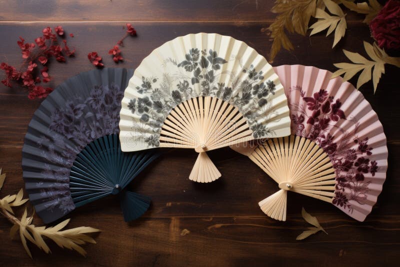 Hand Fans with Floral Designs Spread Open on a Bamboo Mat Stock Image ...