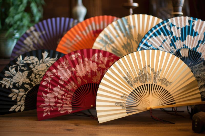 Hand Fans with Floral Designs Spread Open on a Bamboo Mat Stock Photo ...