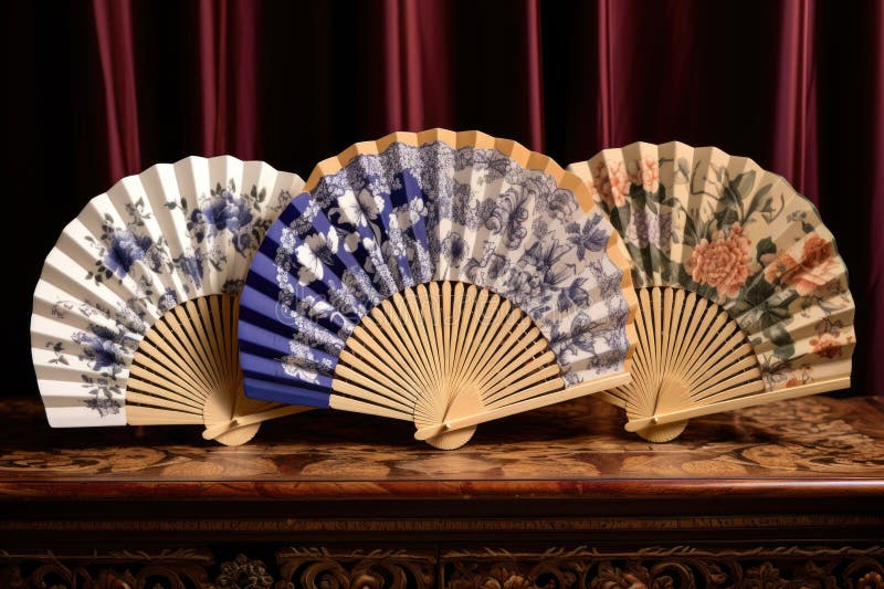 Hand Fans with Floral Designs Spread Open on a Bamboo Mat Stock Photo ...