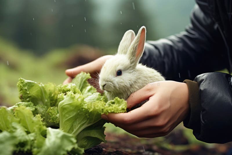 Hand Feeding a Small Rabbit with Fresh Lettuce Stock Illustration ...