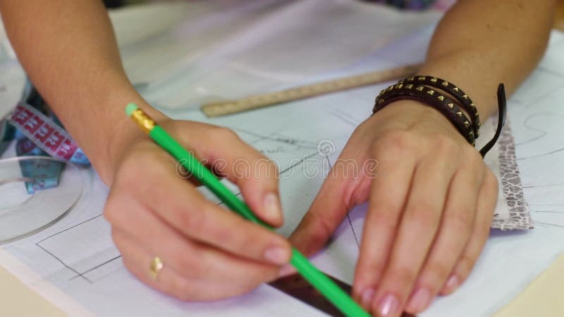 Hand of Female Tailor Drawing Pattern at Paper in Stock Video - Video ...
