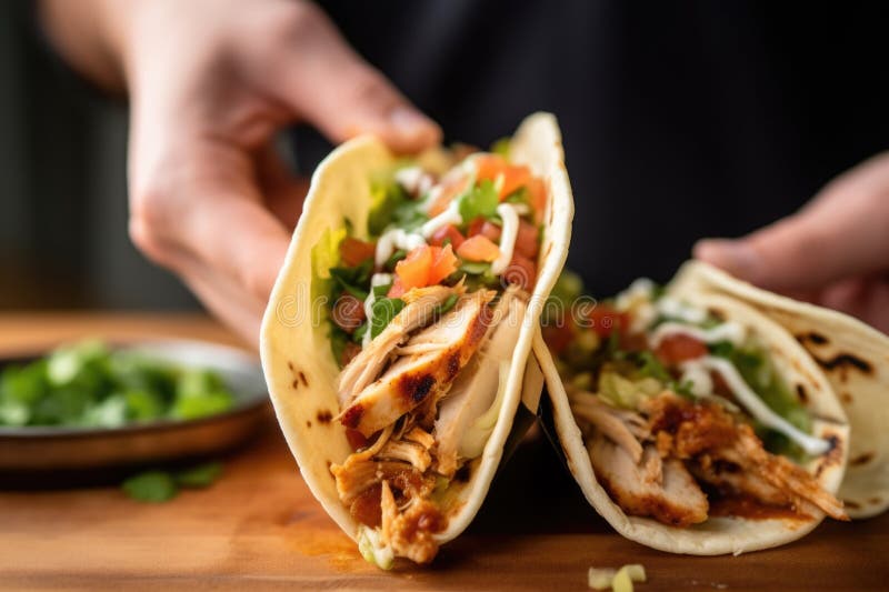 Hand Filling a Soft-shell Taco with Grilled Chicken Pieces Stock ...