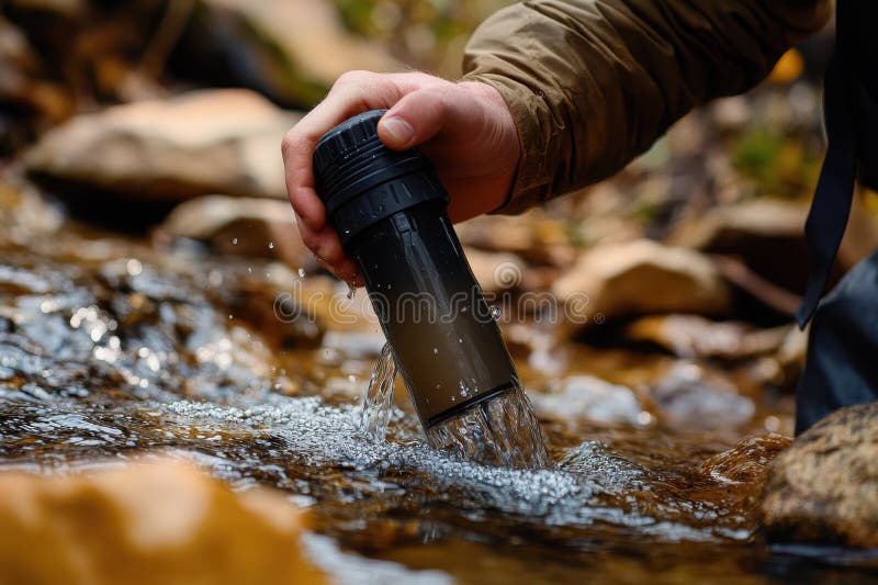 Hand Filling Water Filter Bottle from Stream Stock Illustration ...