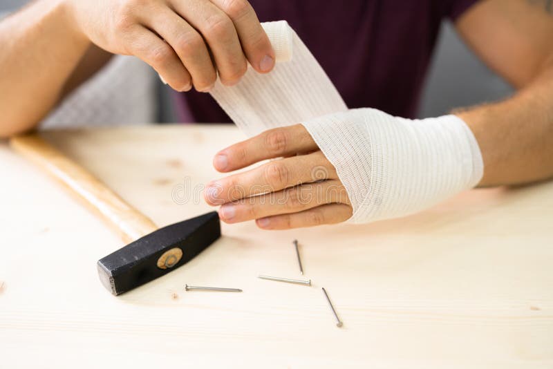 Hand and Finger Bandage after Hammer Accident Stock Photo - Image of ...