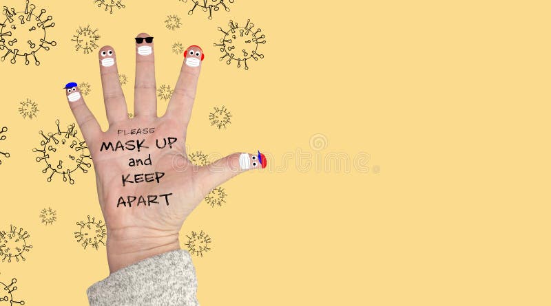 A Hand with Finger Faces Wearing Face Masks and Keeping Apart, Mask Up ...