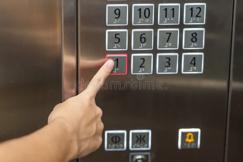 Hand Finger Press the Elevator Button, Woman Using Elevator in Office ...