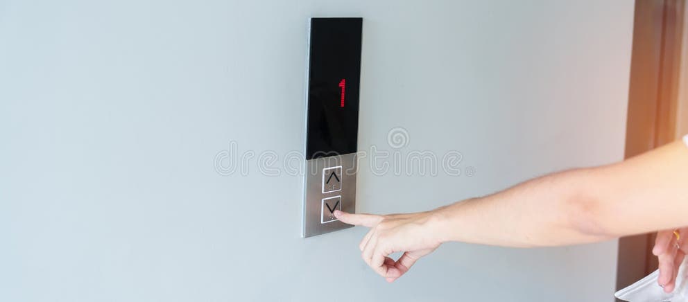 Hand Finger Press the Elevator Button, Woman Waiting for Elevator in ...
