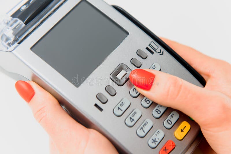 Hand and Fingers Entering Pin with a Hand Held Pin Pad Stock Image ...