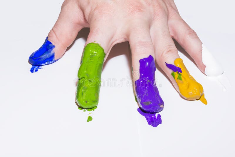 Hand with Fingers Painted in Different Colors Stock Image - Image of ...