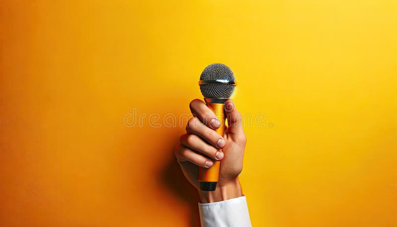 Hand Firmly Holding a Microphone on Yellow Background Stock Photo ...