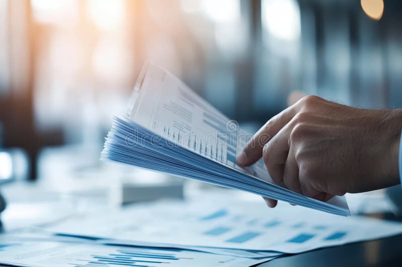A Hand Flipping through Documents with Graphs and Data on a Desk ...