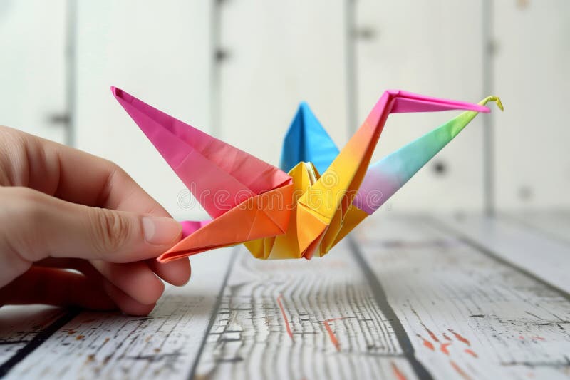 Hand Folding Colorful Origami Paper Crane Stock Image - Image of ...