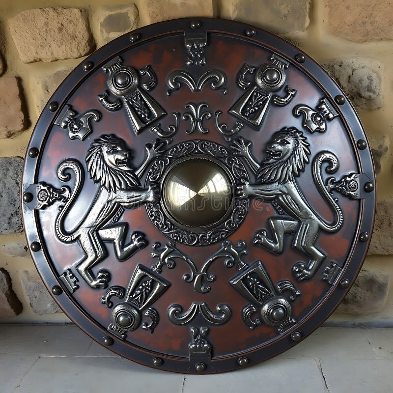A Hand Forged Medieval Shield with Intricate Lion Patterns Stock ...