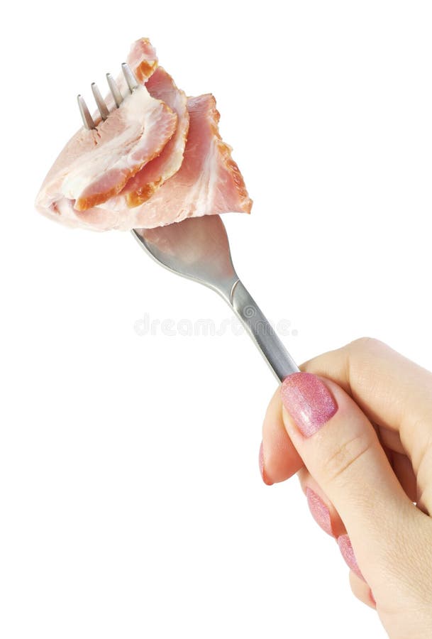 Hand with a Fork on Which Planted a Piece of Ham Stock Photo - Image of ...