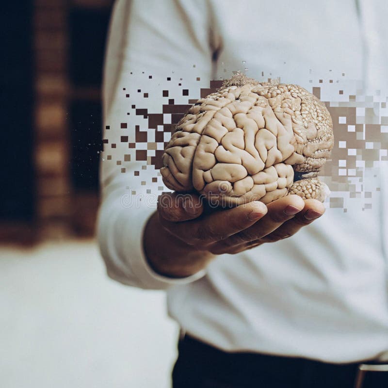 Hand Forming Out of Digital Pixels Holding the Brain Stock Illustration ...