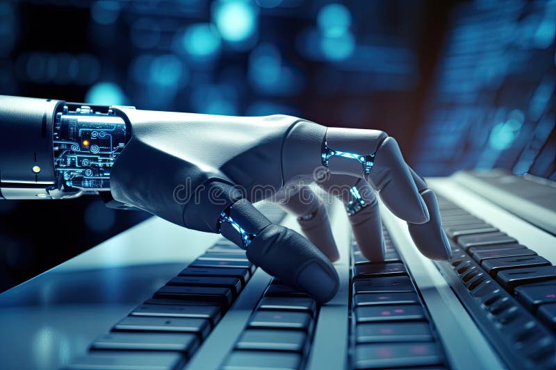 Hand of Futuristic Robot Press the Button on Keyboard. Conceptual ...