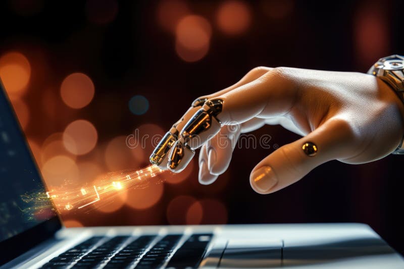 Hand of Futuristic Robot Press the Button on Keyboard. Conceptual ...