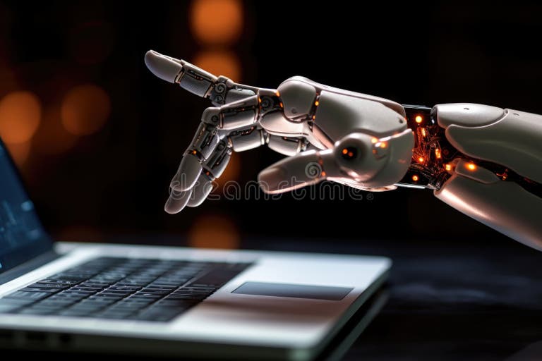 Hand of Futuristic Robot Press the Button on Keyboard. Conceptual ...