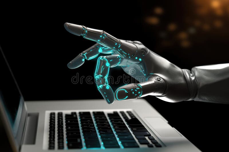 Hand of Futuristic Robot Press the Button on Keyboard. Conceptual ...