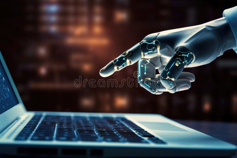 Hand of Futuristic Robot Press the Button on Keyboard. Conceptual ...