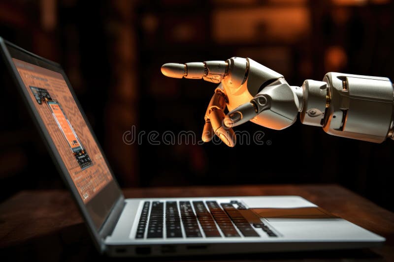 Hand of Futuristic Robot Press the Button on Keyboard. Conceptual ...