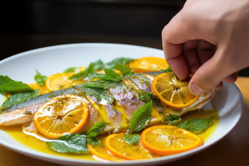 Hand Garnishing Citrus-marinated Fish with a Mint Leaf Stock Photo ...