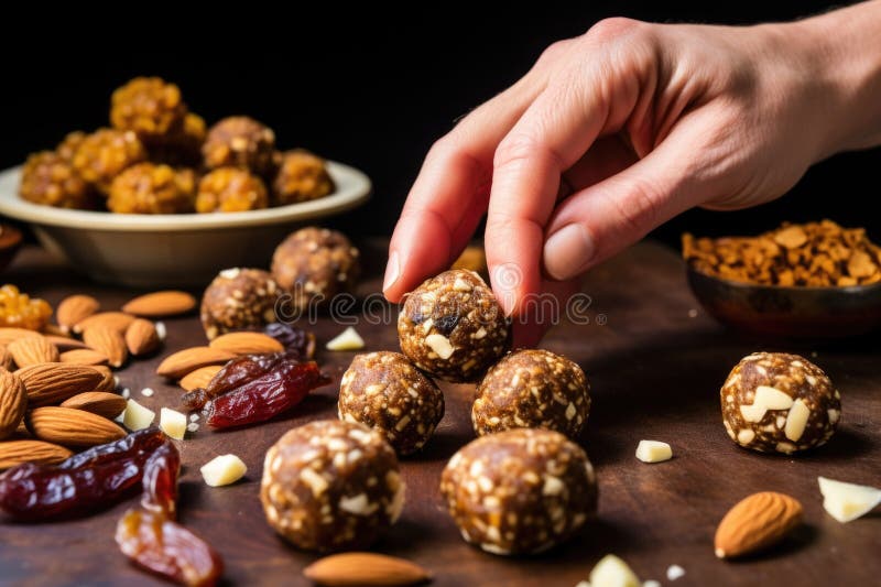 Hand Garnishing Date and Nut Balls with Dried Fruit Pieces Stock ...