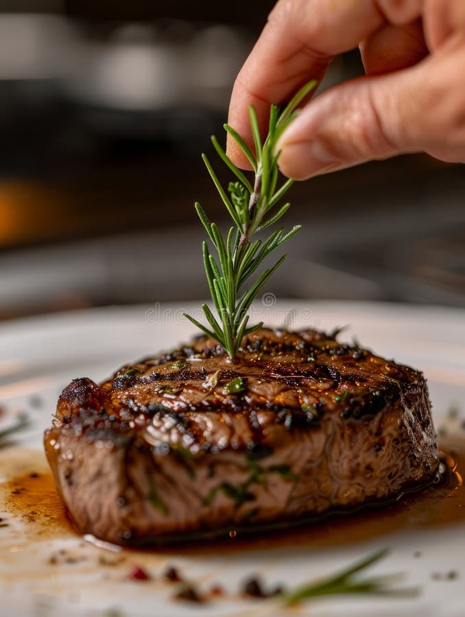 Hand Garnishing Grilled Steak Fresh Rosemary Stock Photos - Free ...