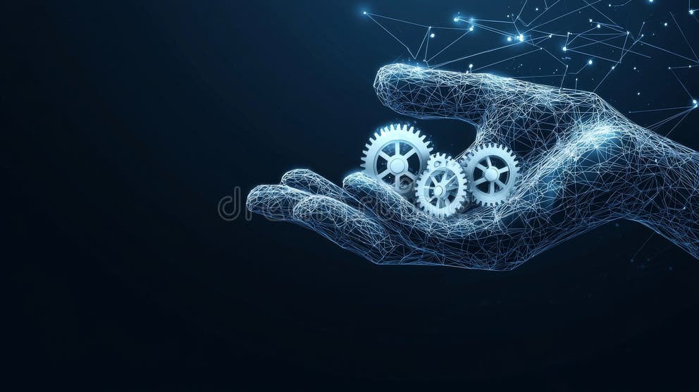 A Hand with Gears Represents Technical Support for Software Development ...