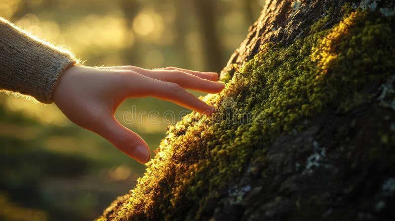 A Hand Gently Caresses the Velvety Moss on a Towering Tree Trunk ...