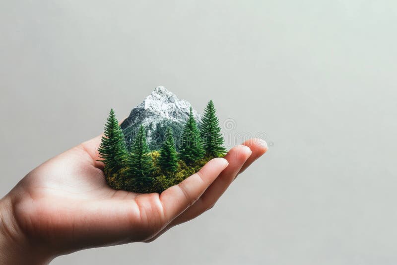 Creative Hand Holds a Miniature Mountain Range and Pine Trees ...