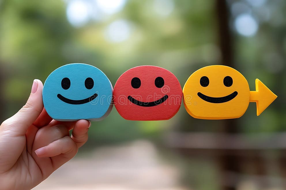 Happy Customer Feedback Emojis Colorful Wooden Smiley Faces with Arrow ...
