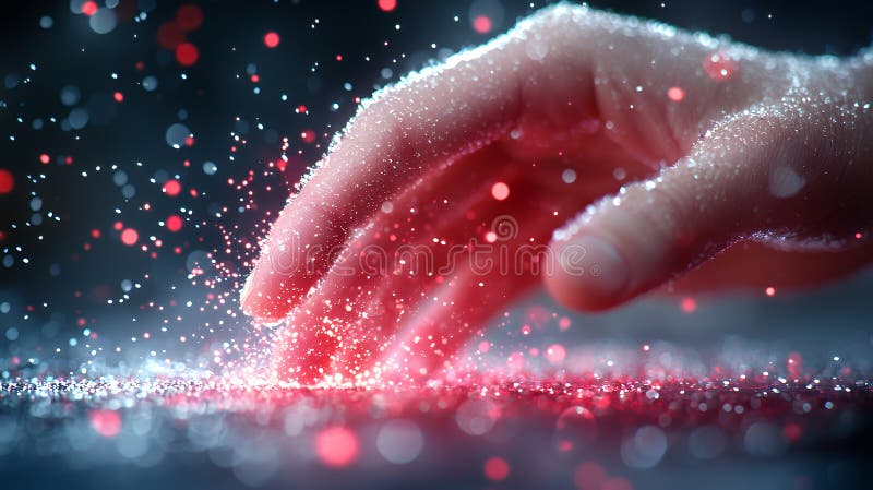 Hand Touching Glowing Particles with a Red and Blue Bokeh Effect Stock ...