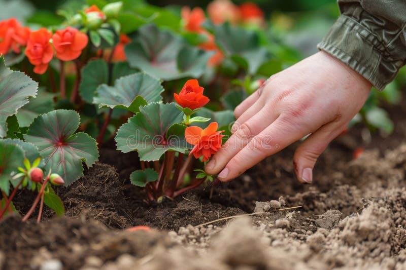 Hand Gently Patting Down the Soil on a Begonia Plant Stock Photo ...
