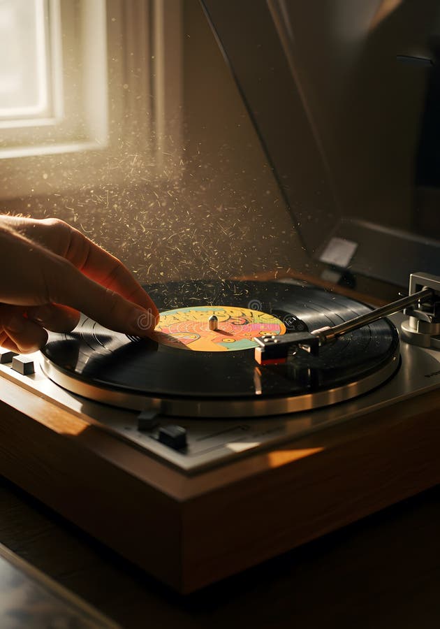 Hand Gently Placing Needle on Spinning Vinyl Record on Turntable Set ...
