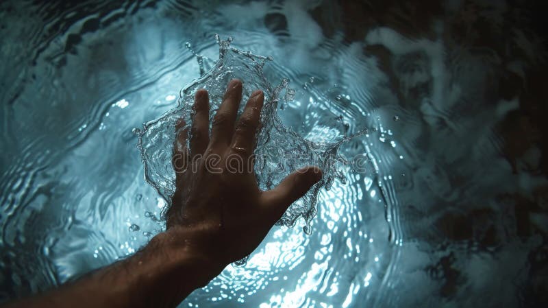 Hand Interacting with Water, Creating Ripples in Blue Light Stock Photo ...