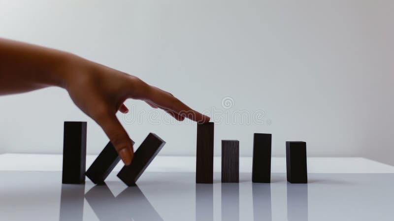 Hand Gently Stops Falling Sequence of Dark Wooden Dominoes Image, Ai ...