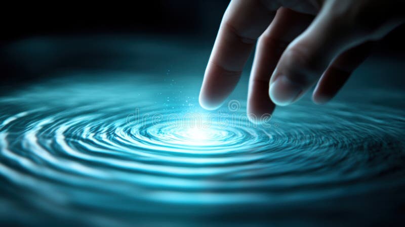 A Hand Gently Touches a Glowing Ripple on a Serene Water Surface ...