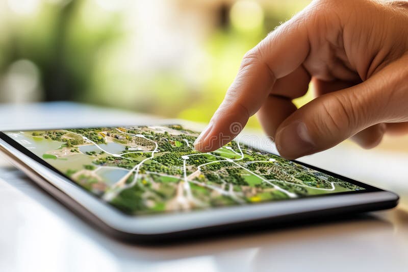 A Hand Gently Touches a Tablet Displaying a Detailed Map Filled with ...