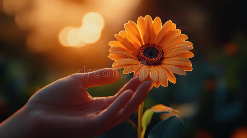 Hand Gently Touching a Single Orange Daisy with Warm Light in the ...