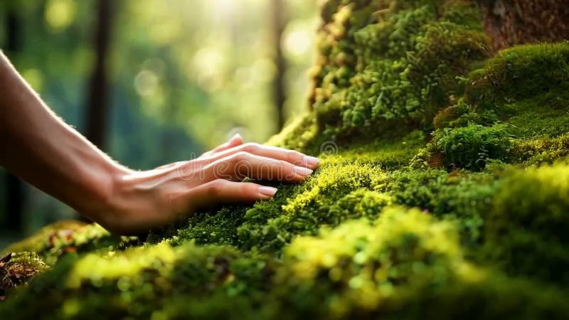 Hand Gently Touching the Soft Texture of Moss on a Forest Floor ...